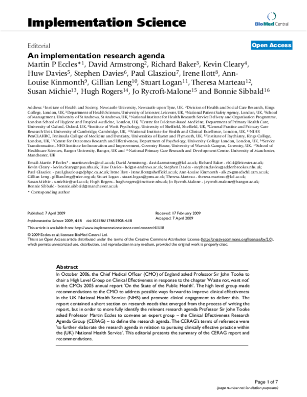 (PDF) Implementation Science An implementation research agenda