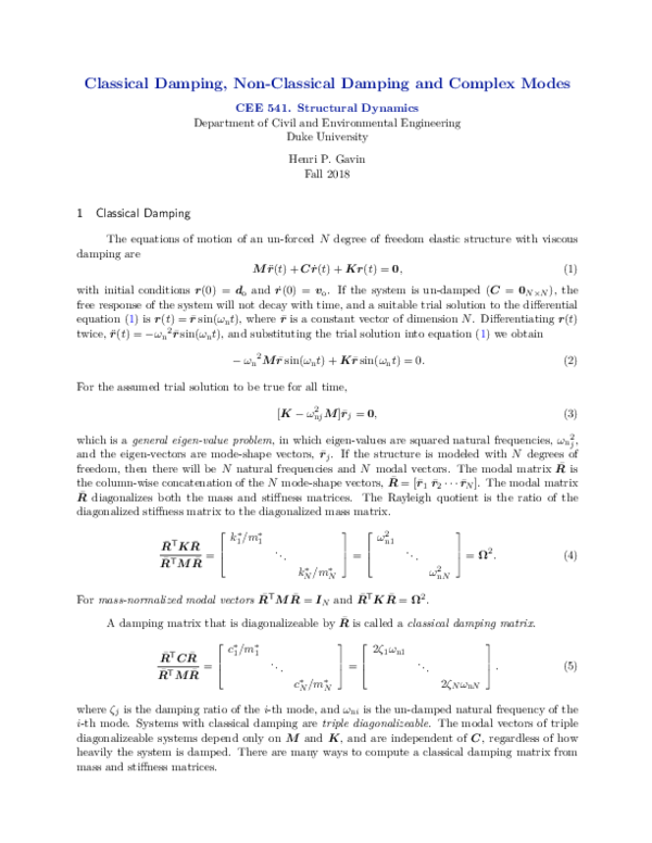 (PDF) Classical Damping, Non-Classical Damping and Complex Modes 1 Classical Damping