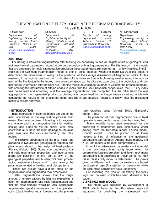(PDF) The Application of Fuzzy Logic in the Rock Mass Blast Ability Fuzzification