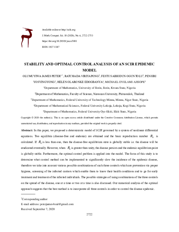 (PDF) STABILITY AND OPTIMAL CONTROL ANALYSIS OF AN SCIR EPIDEMIC MODEL