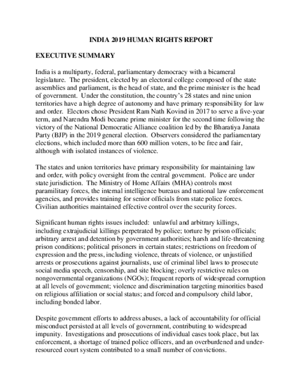 (PDF) INDIA 2019 HUMAN RIGHTS REPORT