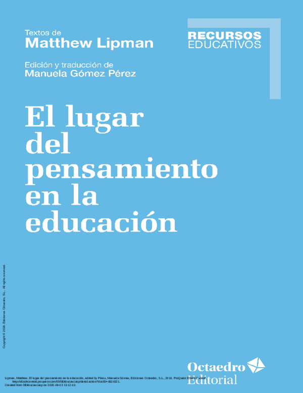(PDF) Matthew Lipman El lugar del pensamiento en la educación