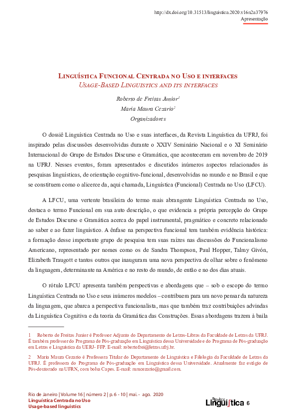 (PDF) Linguística Funcional Centrada no Uso e interfaces Usage-Based Linguistics and its interfaces