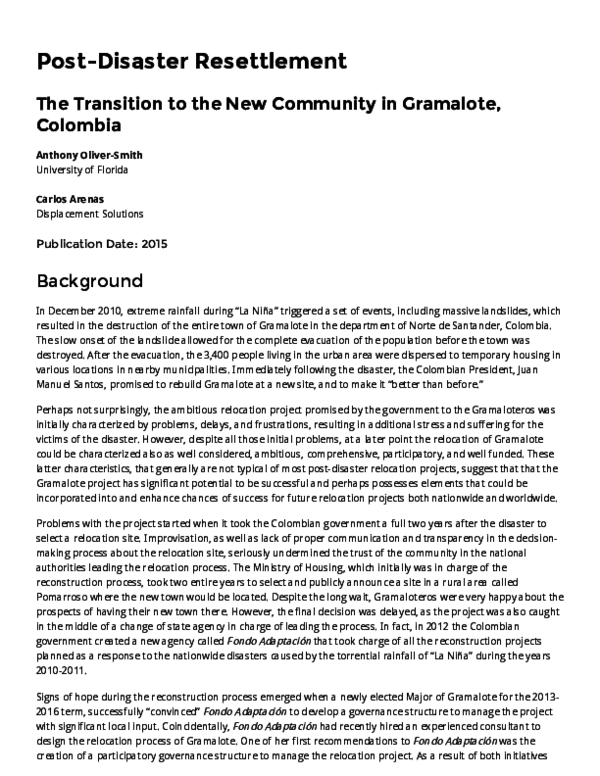 (PDF) Post-Disaster Resettlement. The Transition to the New Community ...