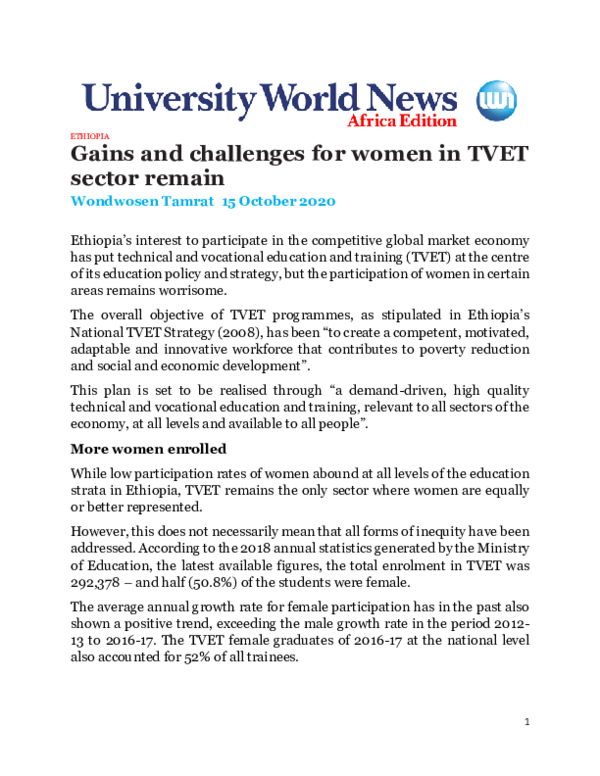 (PDF) Gains and challenges for women in TVET sector remain