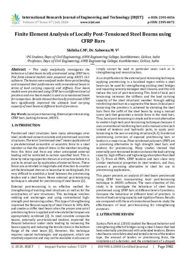 (PDF) IRJET- Finite Element Analysis of Locally Post-Tensioned Steel Beams using CFRP Bars