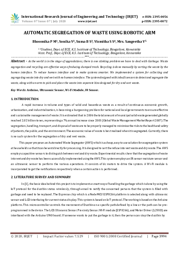 (PDF) IRJET- AUTOMATIC SEGREGATION OF WASTE USING ROBOTIC ARM