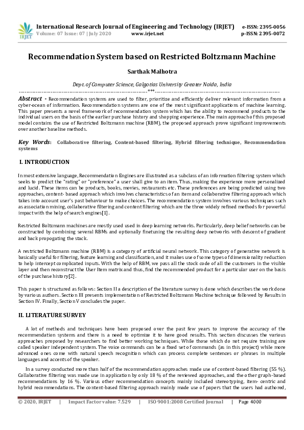 Pdf Irjet Recommendation System Based On Restricted Boltzmann Machine