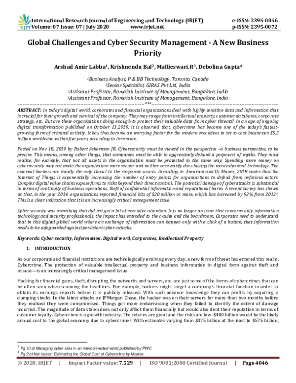 Pdf Irjet Global Challenges And Cyber Security Management A New Business Priority