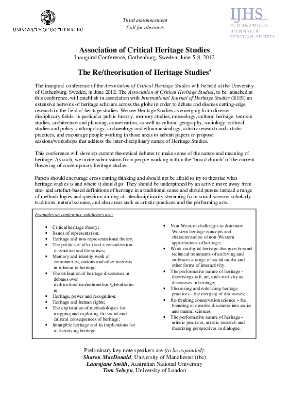 (PDF) Association of Critical Heritage Studies - Conference Call for Papers