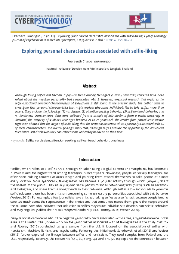 (PDF) Exploring Personal Characteristics Associated with Selfie Liking