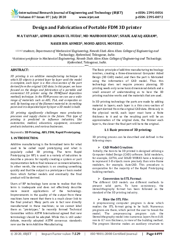 (PDF) IRJET- Design and Fabrication of Portable FDM 3D printer