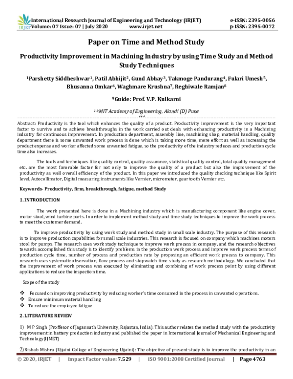 (PDF) IRJET- Paper on Time and Method Study Productivity Improvement in ...