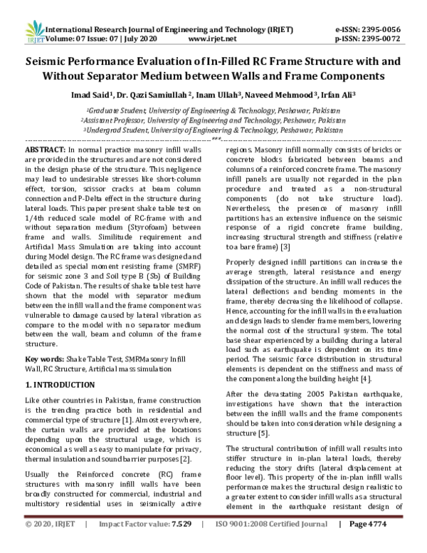 Pdf Irjet Seismic Performance Evaluation Of In Filled Rc Frame Structure With And Without