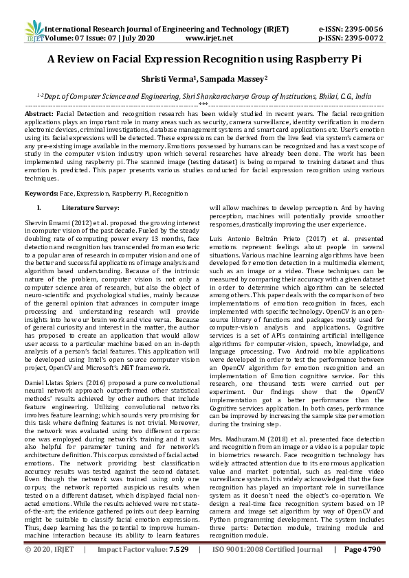 Pdf Irjet A Review On Facial Expression Recognition Using Raspberry Pi