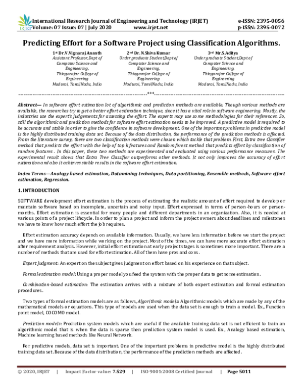 Pdf Irjet Predicting Effort For A Software Project Using Classification Algorithms
