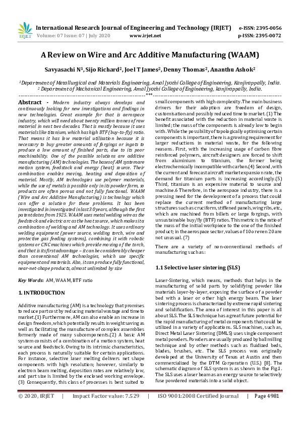 (PDF) IRJET- A Review on Wire and Arc Additive Manufacturing (WAAM