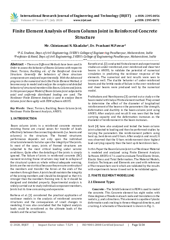 Pdf Irjet Finite Element Analysis Of Beam Column Joint In Reinforced