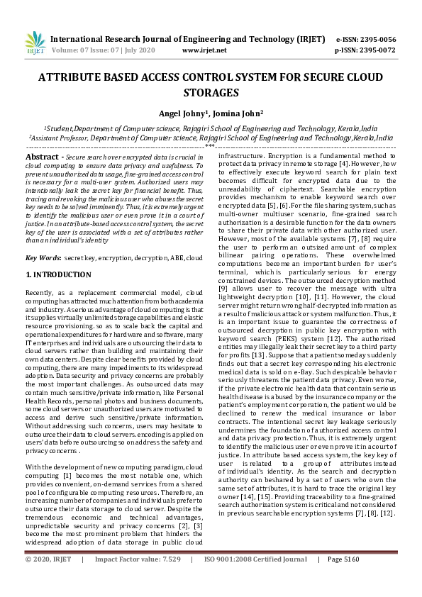 (PDF) IRJET- ATTRIBUTE BASED ACCESS CONTROL SYSTEM FOR SECURE CLOUD STORAGES