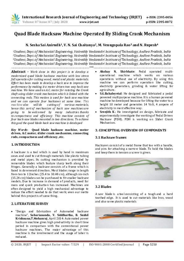 (PDF) IRJET- Quad Blade Hacksaw Machine Operated By Sliding Crank Mechanism