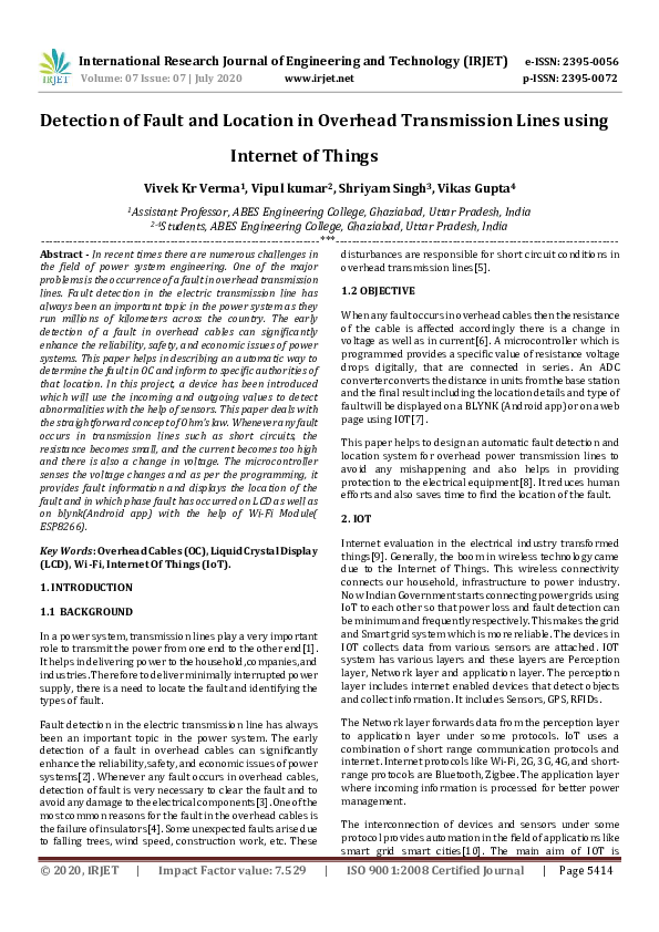 (PDF) IRJET- Detection of Fault and Location in Overhead Transmission Lines using Internet of Things
