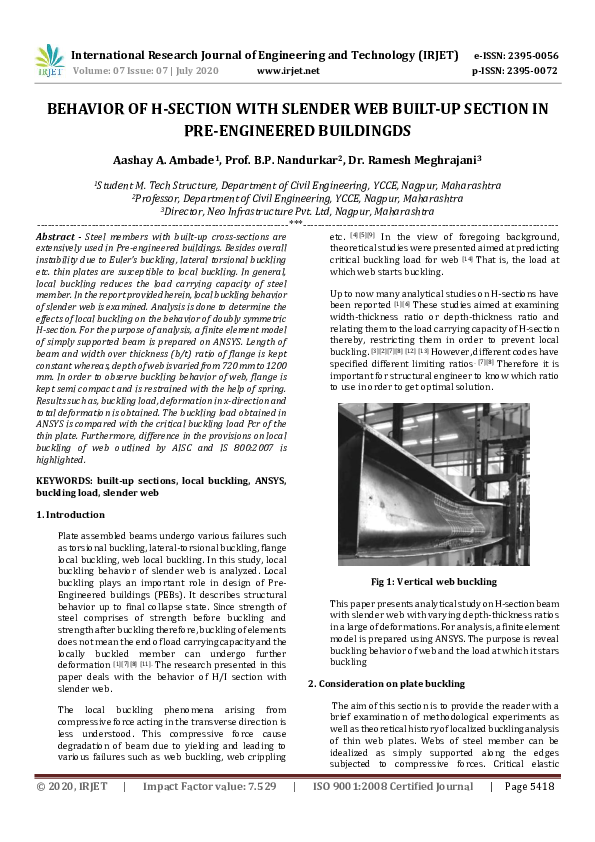 (PDF) IRJET- BEHAVIOR OF H-SECTION WITH SLENDER WEB BUILT-UP SECTION IN ...