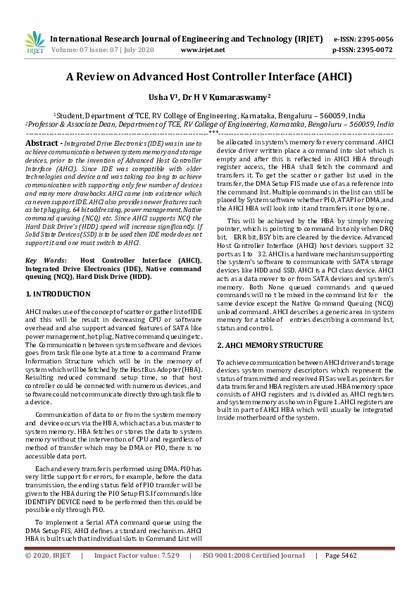 (PDF) IRJET- A Review on Advanced Host Controller Interface (AHCI