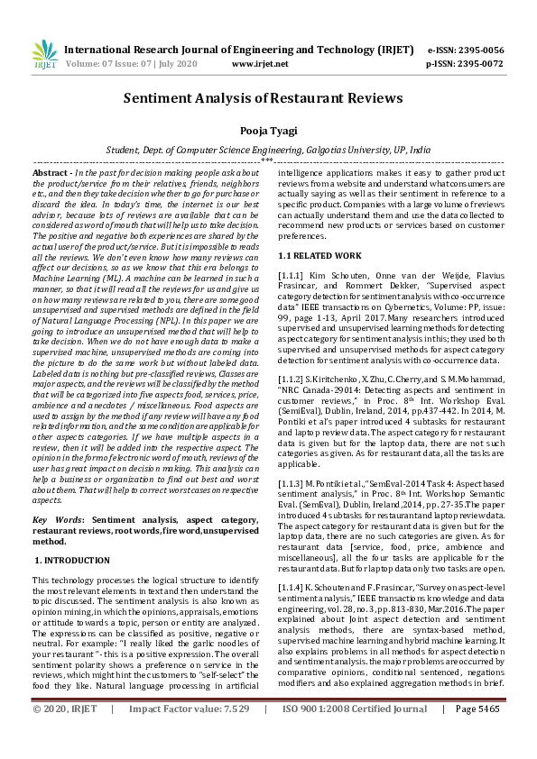 (PDF) IRJET-Sentiment Analysis of Restaurant Reviews