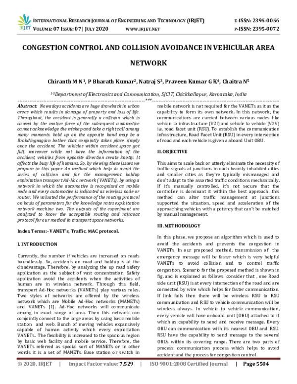 (PDF) IRJET- CONGESTION CONTROL AND COLLISION AVOIDANCE IN VEHICULAR AREA NETWORK