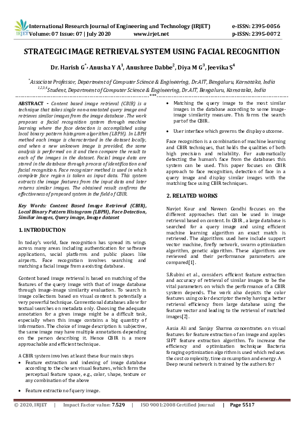 (PDF) IRJET- STRATEGIC IMAGE RETRIEVAL SYSTEM USING FACIAL RECOGNITION