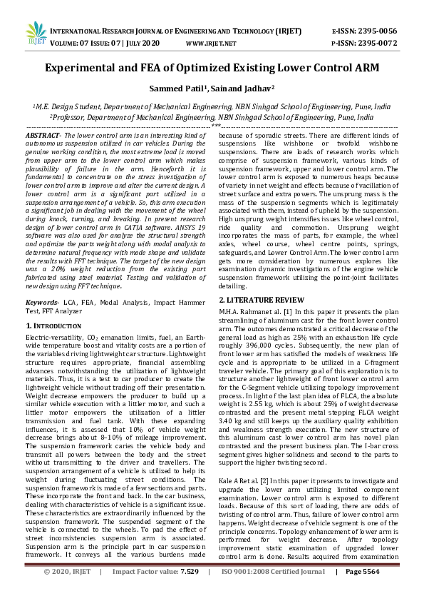 (PDF) IRJET- Experimental and FEA of Optimized Existing Lower Control ARM