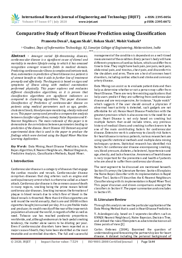 (PDF) IRJET- Comparative Study of Heart Disease Prediction using ...