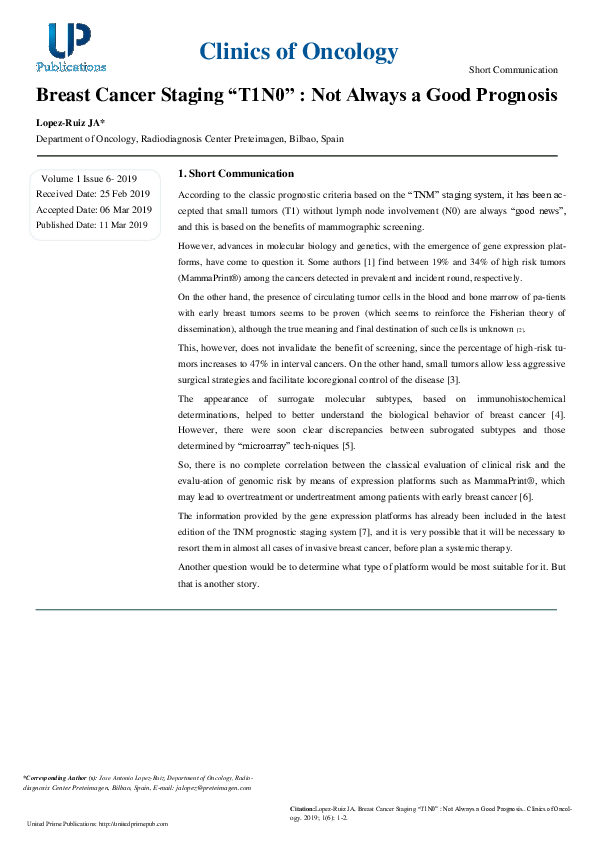 (PDF) Breast Cancer Staging “T1N0” : Not Always a Good Prognosis