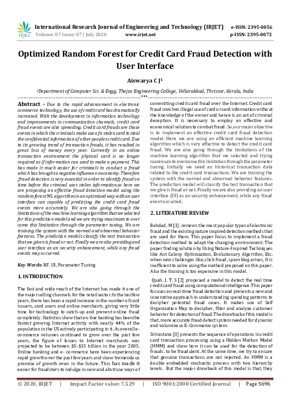 (PDF) IRJET- Optimized Random Forest for Credit Card Fraud Detection with User Interface | IRJET ...