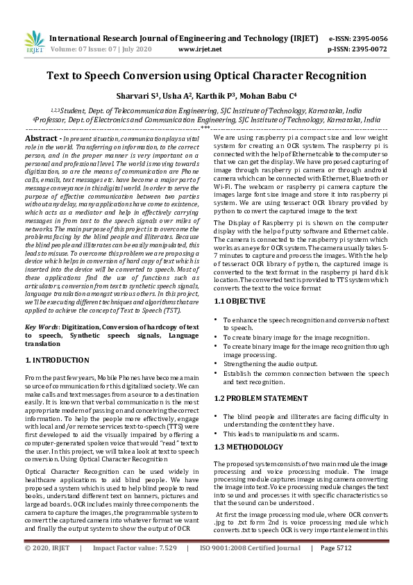 (PDF) IRJET- Text to Speech Conversion using Optical Character Recognition
