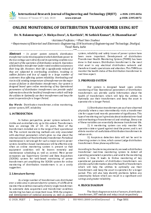 Pdf Irjet Online Monitoring Of Distribution Transformer Using Iot