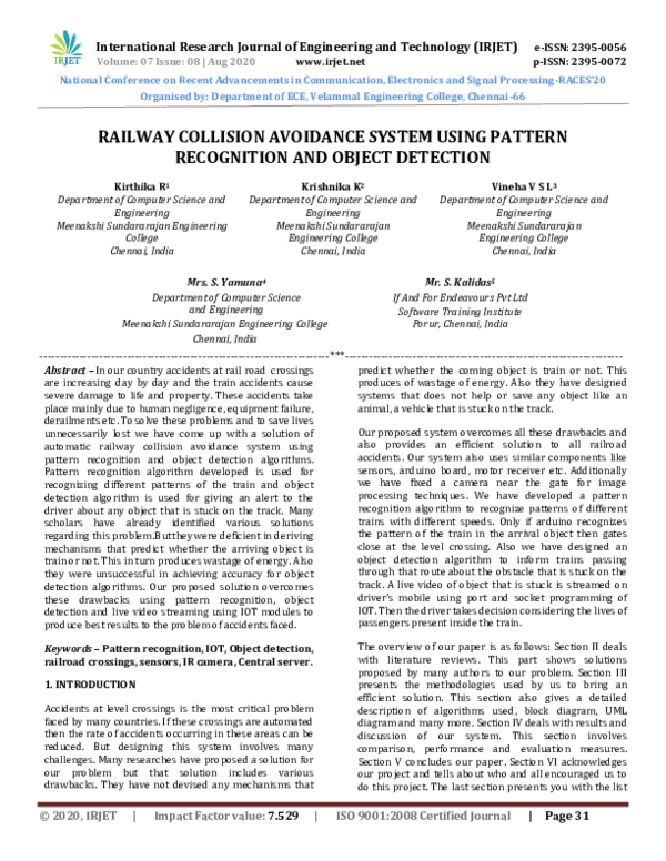 (PDF) IRJET- RAILWAY COLLISION AVOIDANCE SYSTEM USING PATTERN RECOGNITION AND OBJECT DETECTION