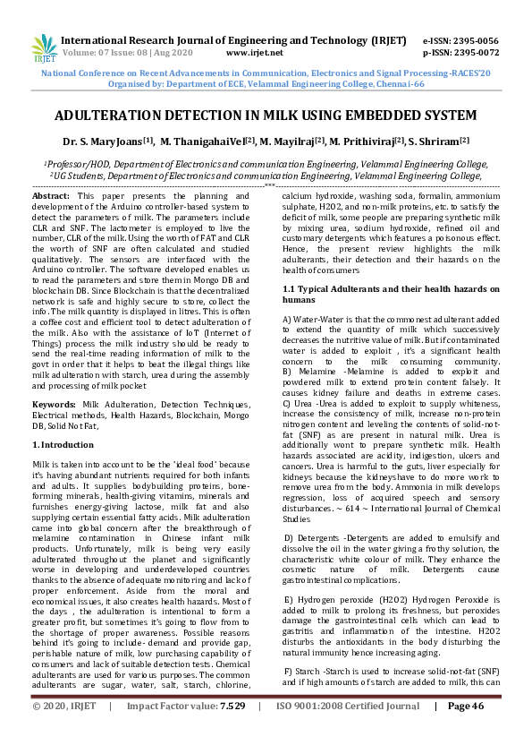 Pdf Irjet Adulteration Detection In Milk Using Embedded System