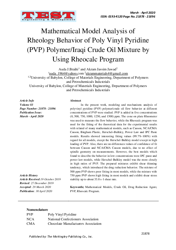 (PDF) Mathematical Model Analysis of Rheology Behavior of Poly Vinyl ...