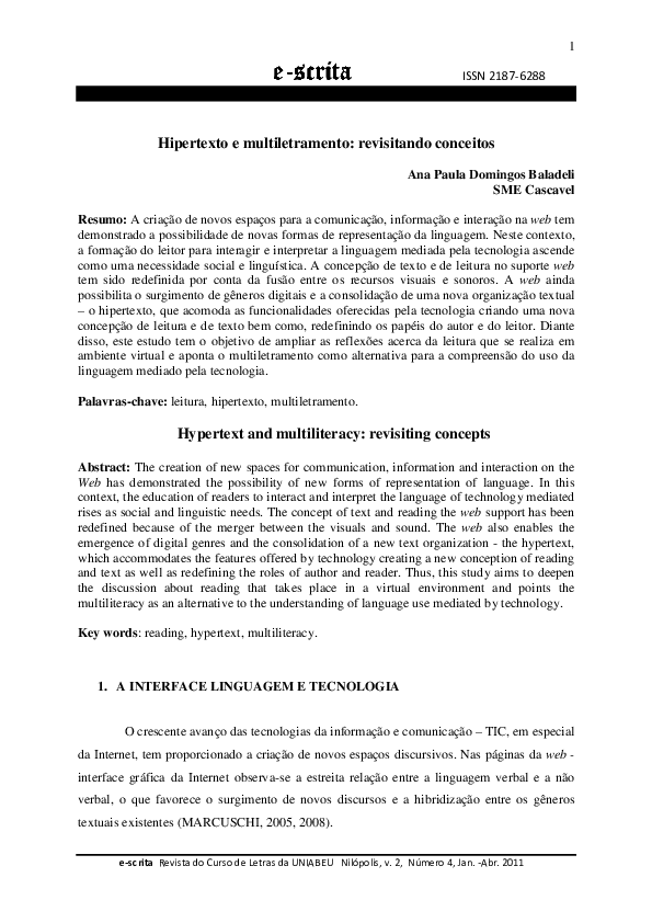 (PDF) Hipertexto e multiletramento: revisitando conceitos Hypertext and multiliteracy ...