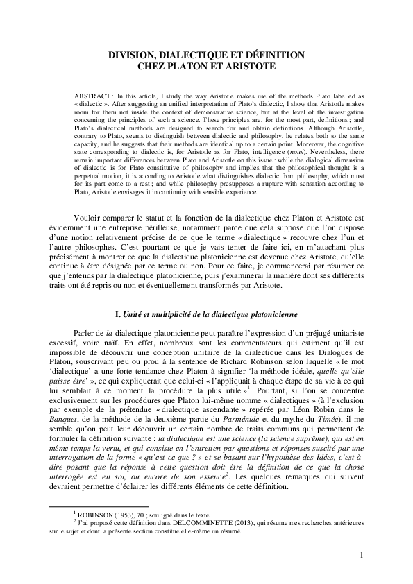 (PDF) Division, dialectique et définition chez Platon et Aristote
