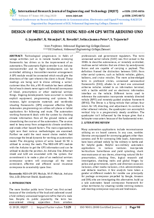 (PDF) IRJET- DESIGN OF MEDICAL DRONE USING NEO-6M GPS WITH ARDUINO UNO
