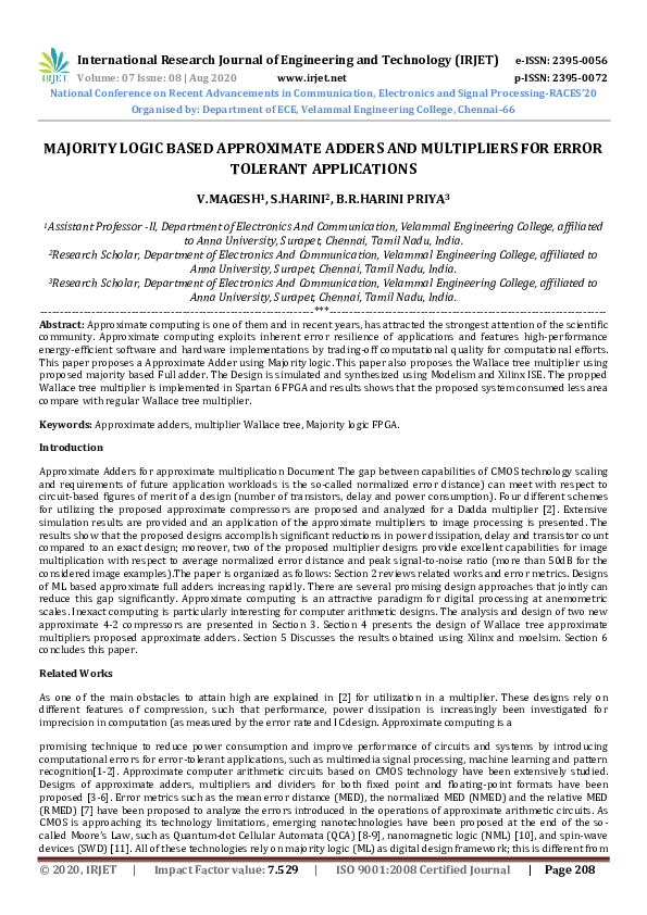 (PDF) IRJET- MAJORITY LOGIC BASED APPROXIMATE ADDERS AND MULTIPLIERS FOR ERROR TOLERANT APPLICATIONS