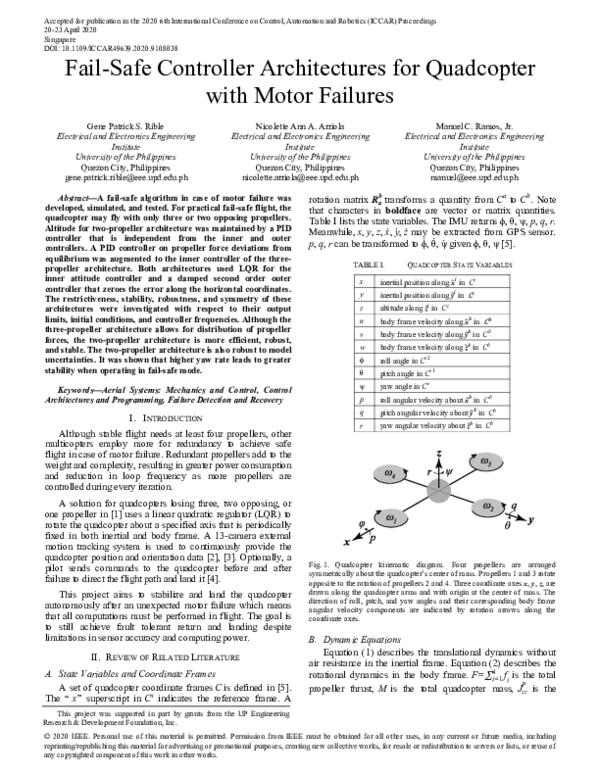 (PDF) Fail-Safe Controller Architectures for Quadcopter with Motor Failures
