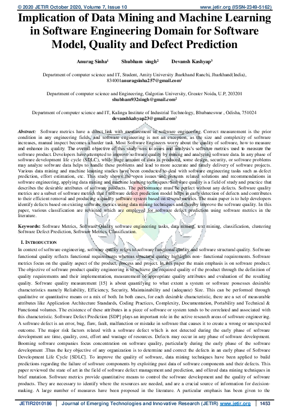 (PDF) Implication of Data Mining and Machine Learning in Software Engineering Domain for ...