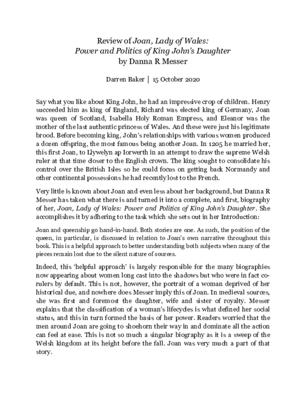 (PDF) Review of Joan, Lady of Wales by Danna Messer