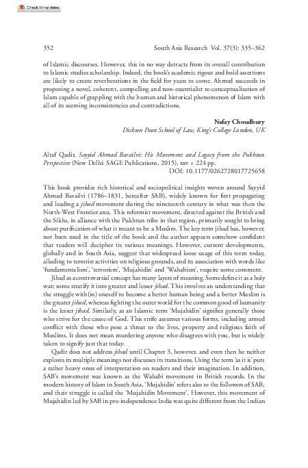 (PDF) Book Review: Altaf Qadir, Sayyid Ahmad Barailvi: His Movement and ...