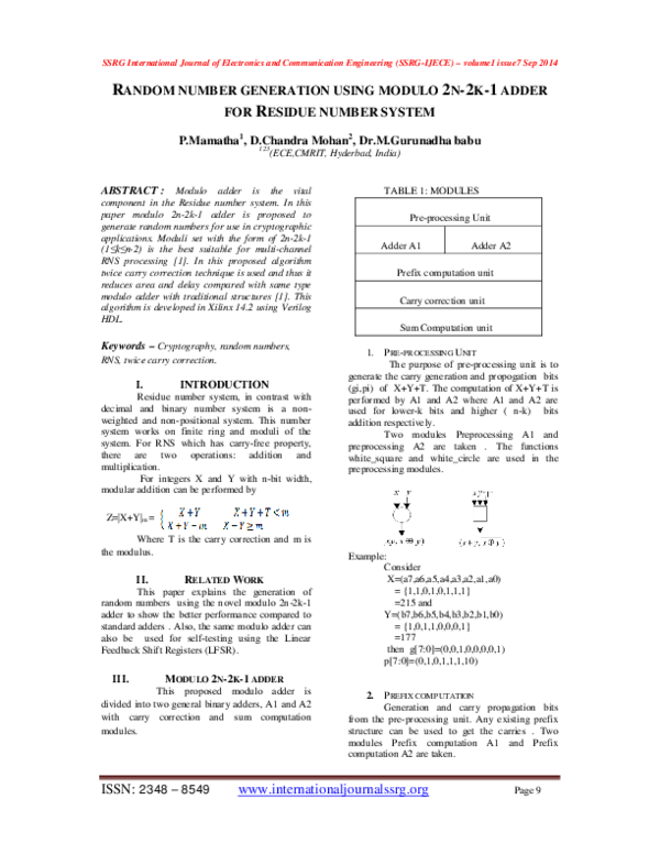 Pdf Random Number Generation Using Modulo 2n 2k 1 Adder For Residue Number System Ramya