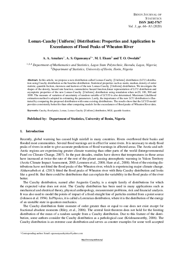 (PDF) Lomax-Cauchy{Uniform} Distribution: Properties and Application to Exceedances of Flood ...