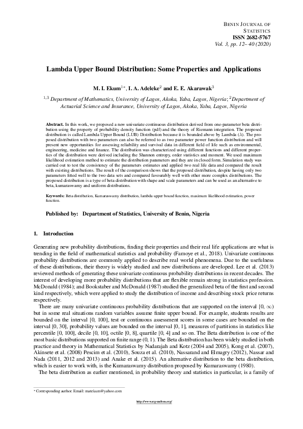 (PDF) Lambda Upper Bound Distribution: Some Properties and Applications